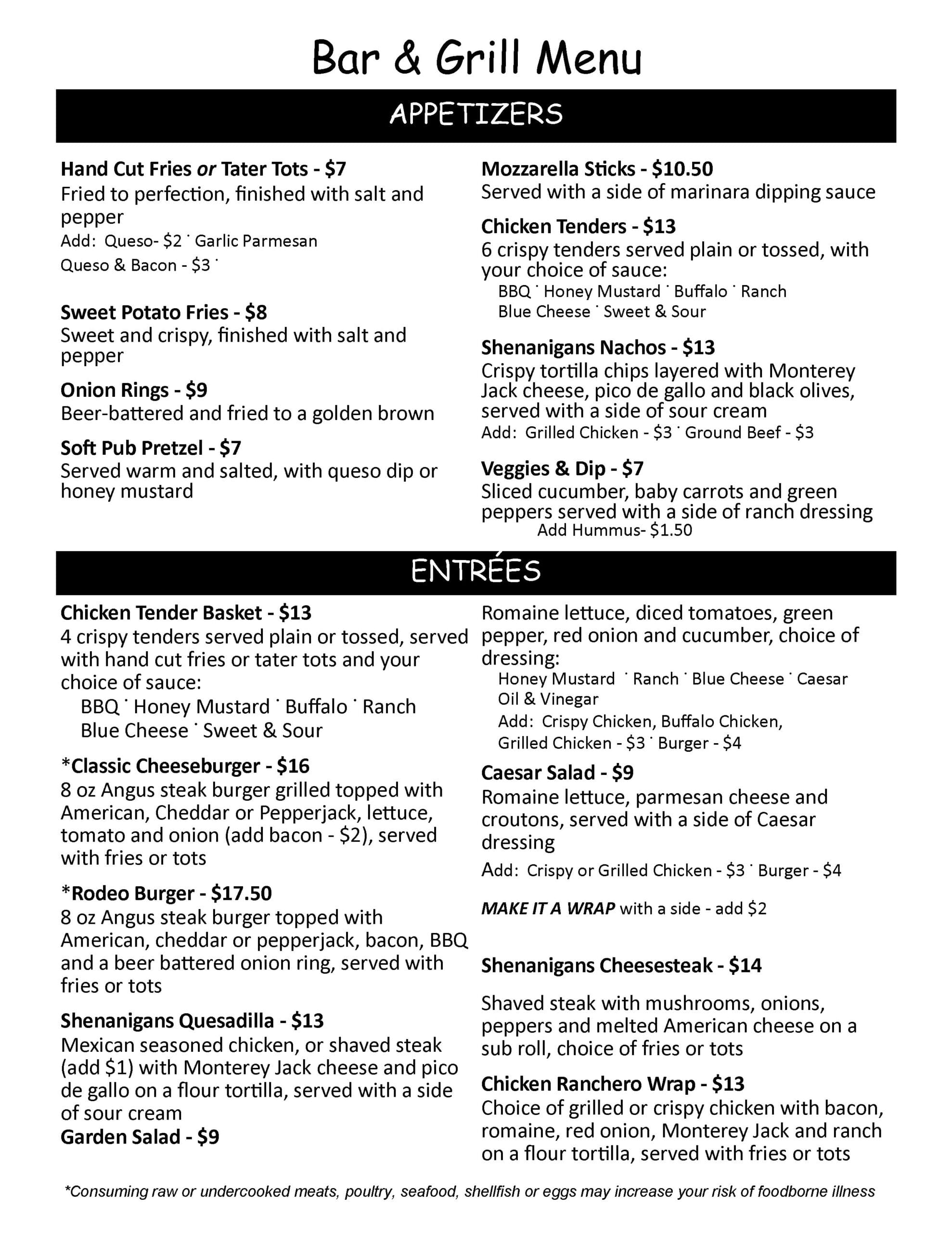 Menu | Shenanigans | Portsmouth NH