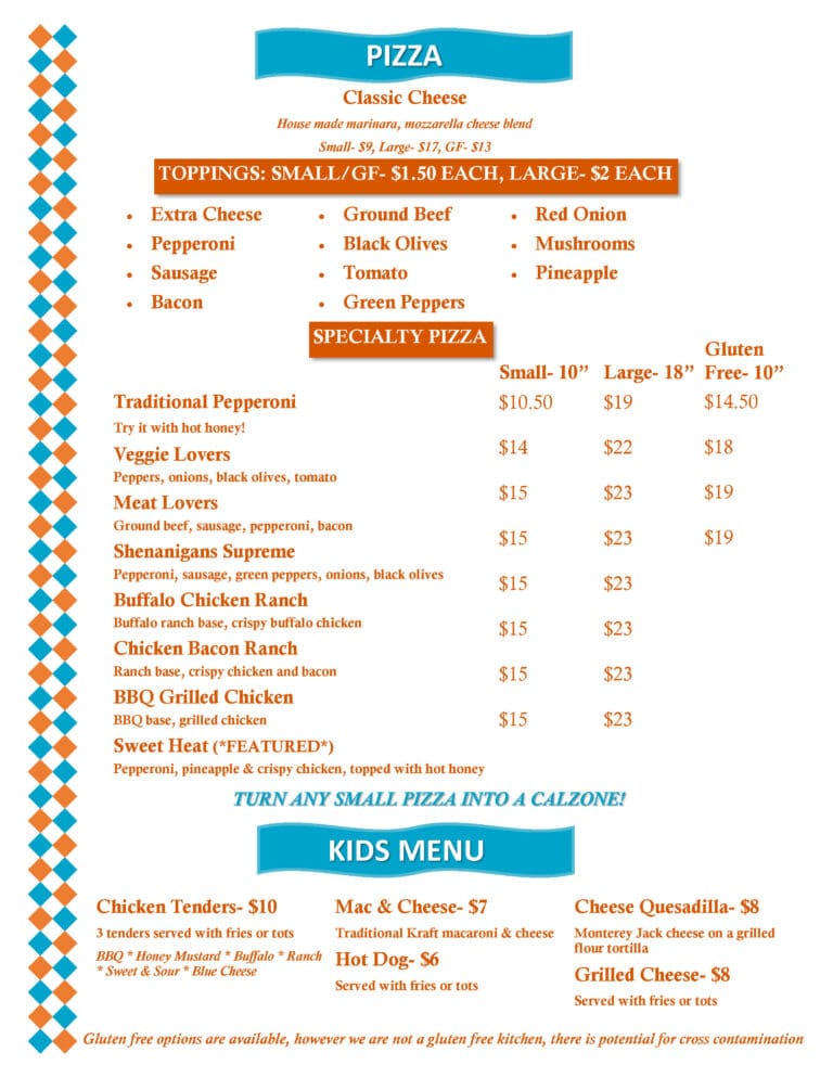 Menu | Shenanigans | Portsmouth NH